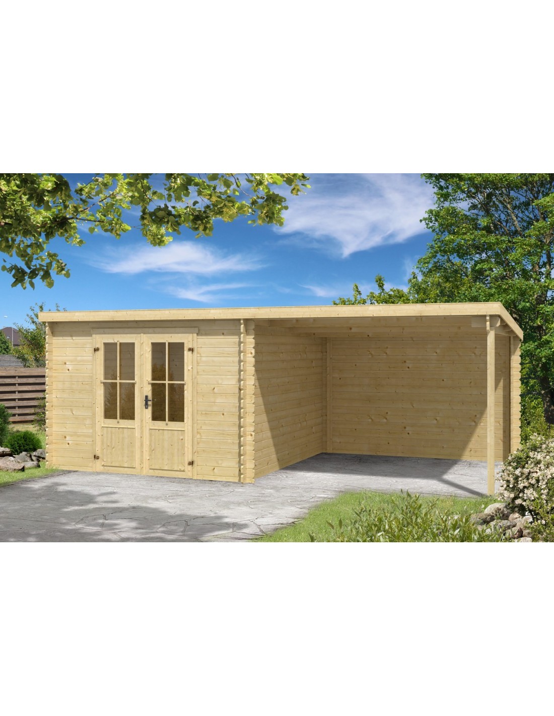 Abri de jardin Orlando 17 m² avec auvent - Bois massif 28 mm Abri de jardin Orlando 17 m² avec auvent - Bois massif 28 mm